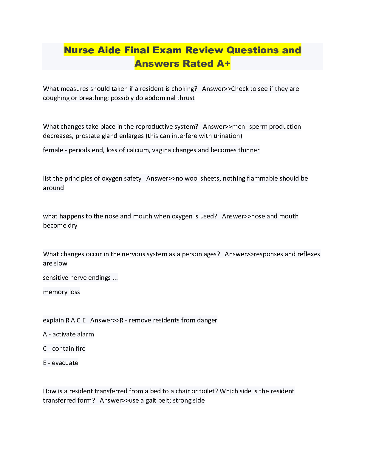 Nurse Aide Final Exam Review Questions and Answers Rated A+ - Scholarfriends